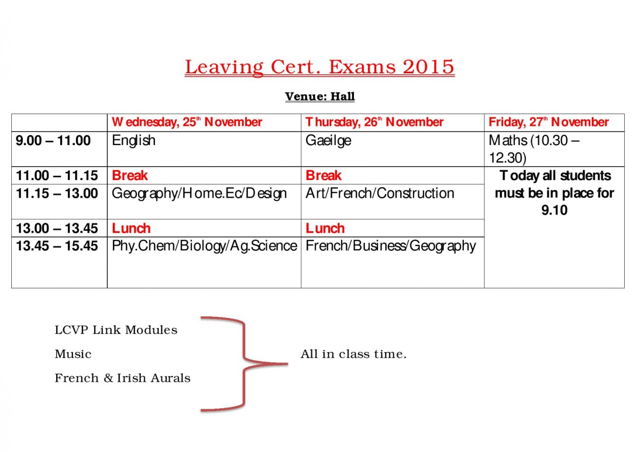 Leaving Certificate Christmas exam timetable - SJCC