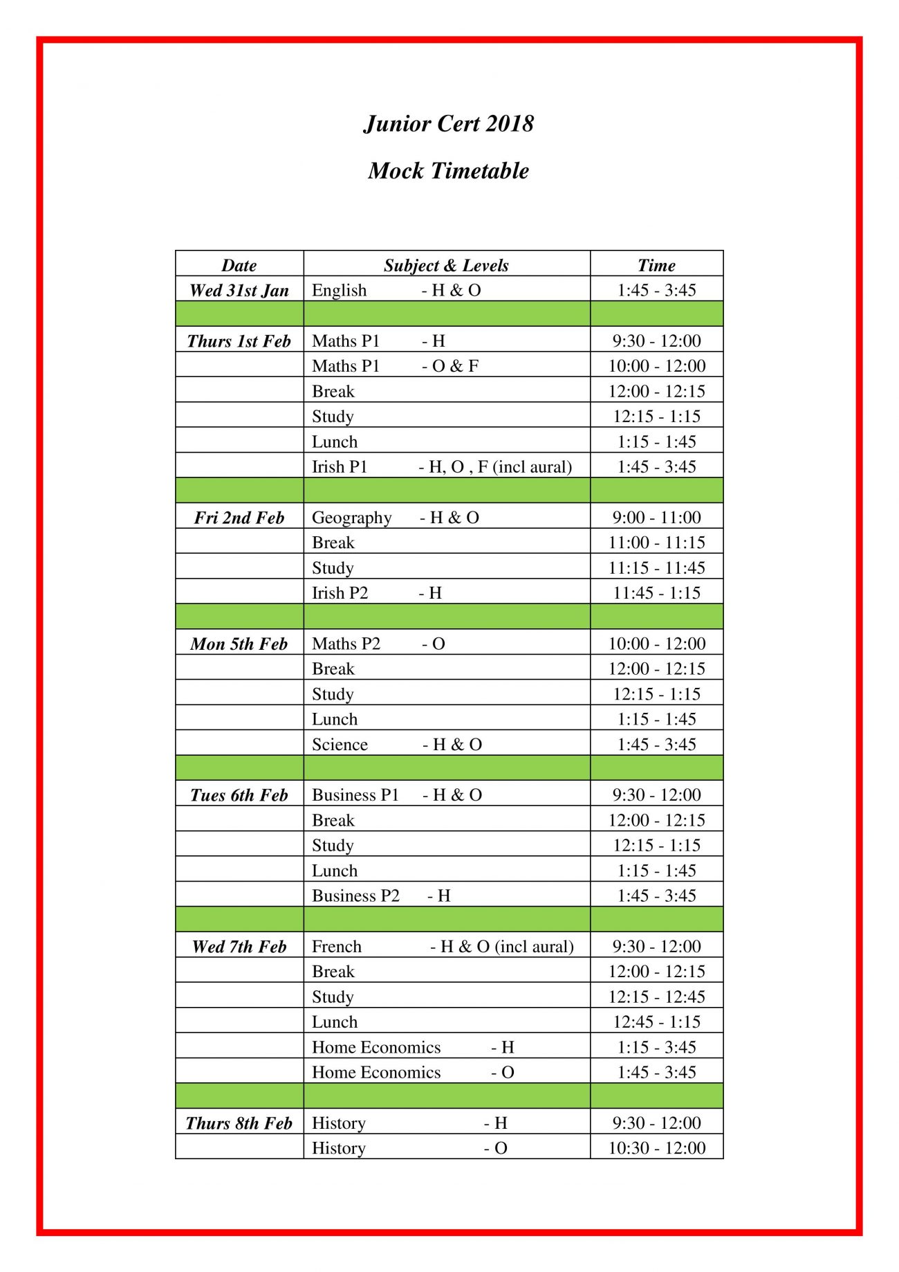 Mock exams timetables - SJCC