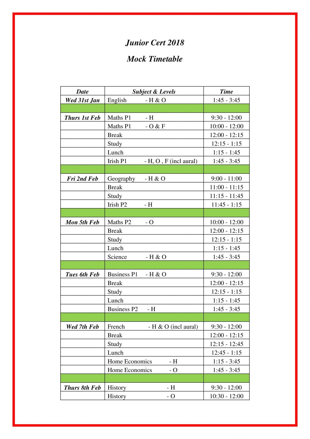 Mock exams timetables - SJCC