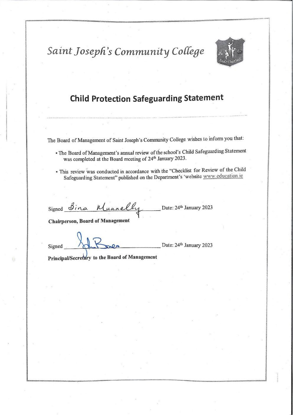 Review of Child Protection Safeguarding Statement - SJCC